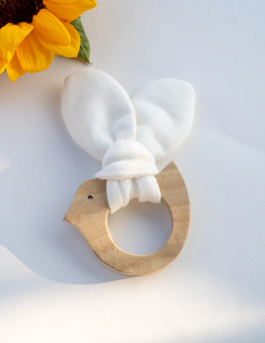 Bunny Ear Wooden Baby Teether White – PureCloth.Co